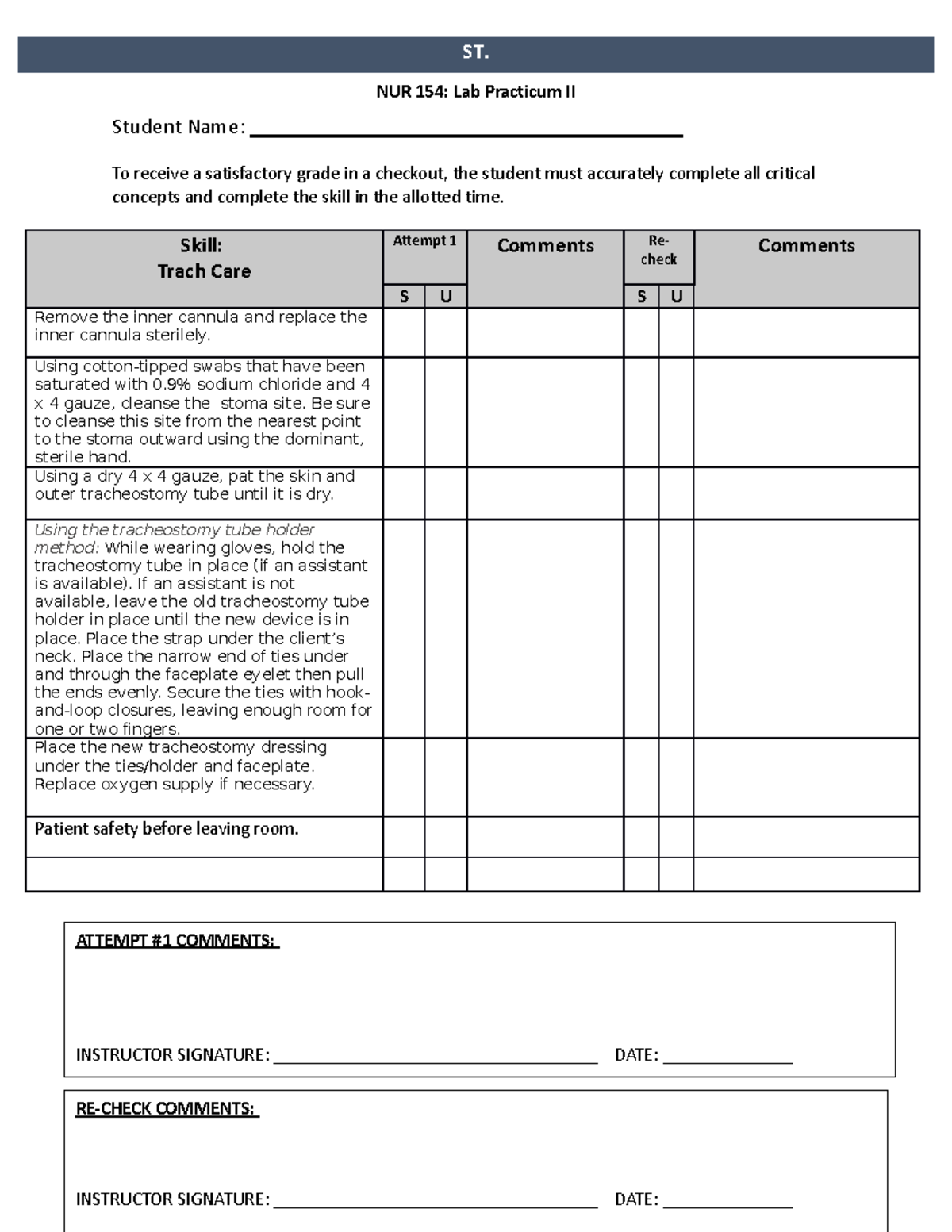 NUR 154: Lab Practicum II - Trach Care Checkout Guidelines - Studocu