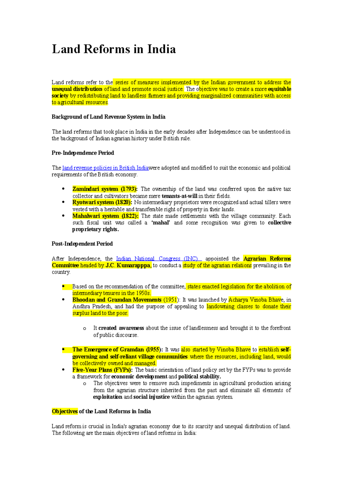 Land LAWS - Handmade notes - Land Reforms in India Land reforms refer ...
