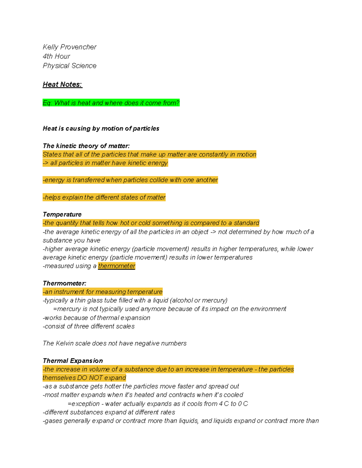 Heat Notes - Kelly Provencher 4th Hour Physical Science Heat Notes: Eq ...