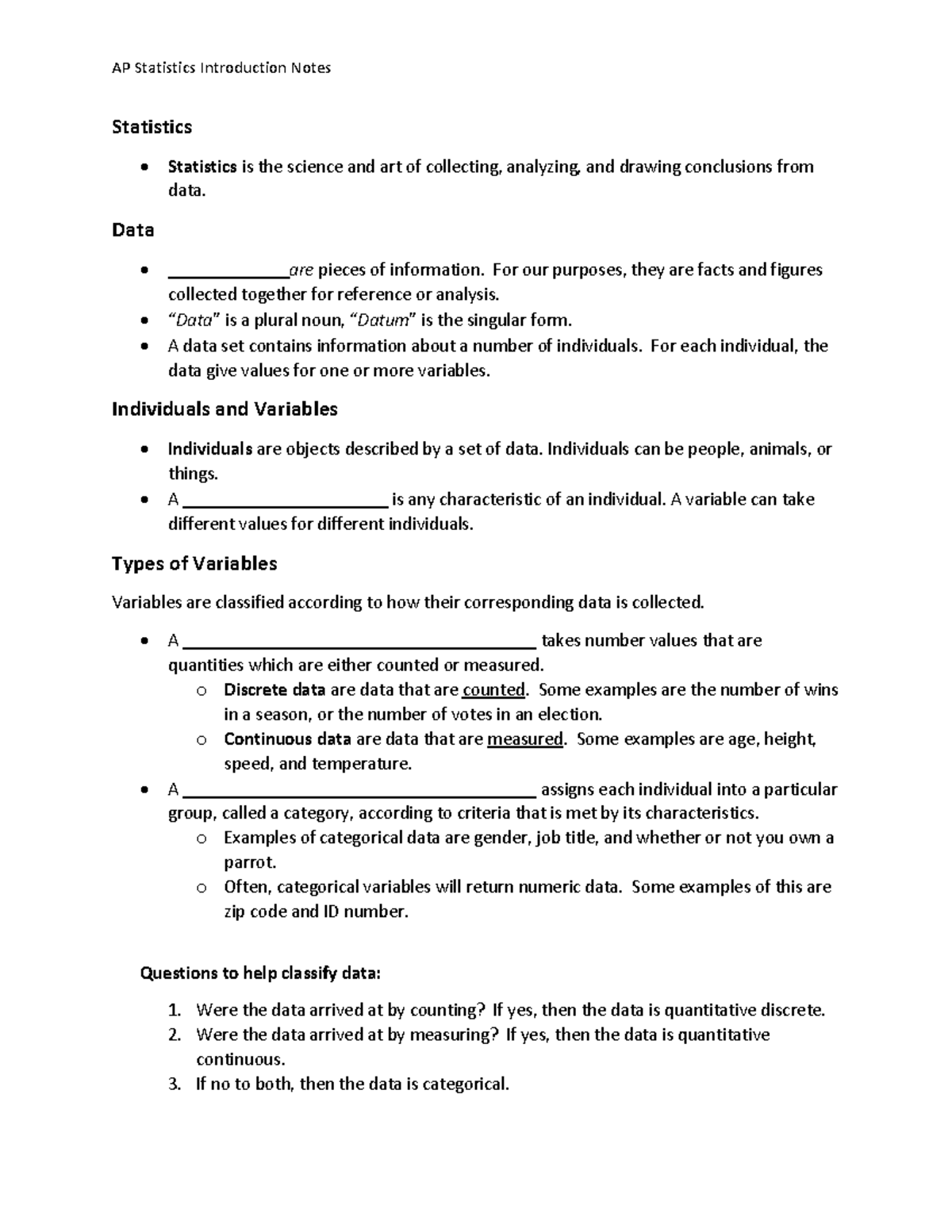 AP Statistics Introduction: Key Concepts & Variables Overview - Studocu