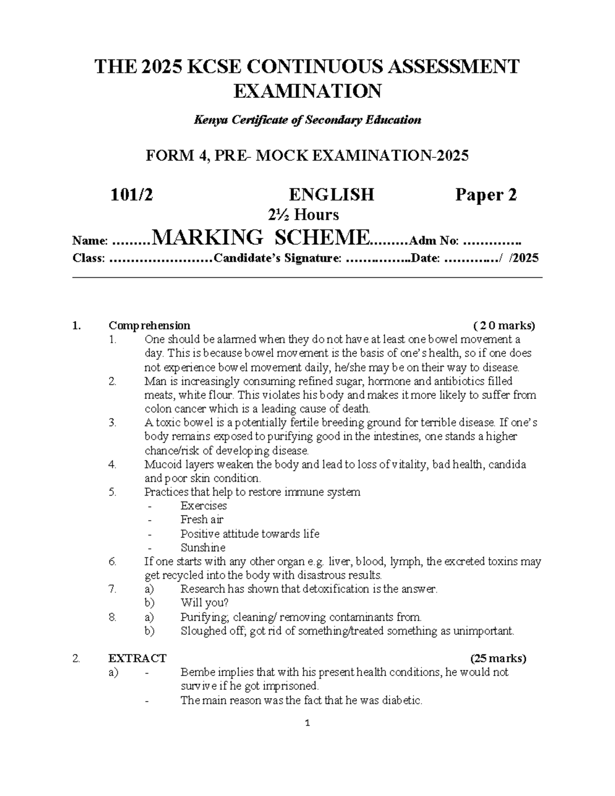 KCSE 2025 Form 4 Mock English Paper 2 Marking Scheme - Studocu