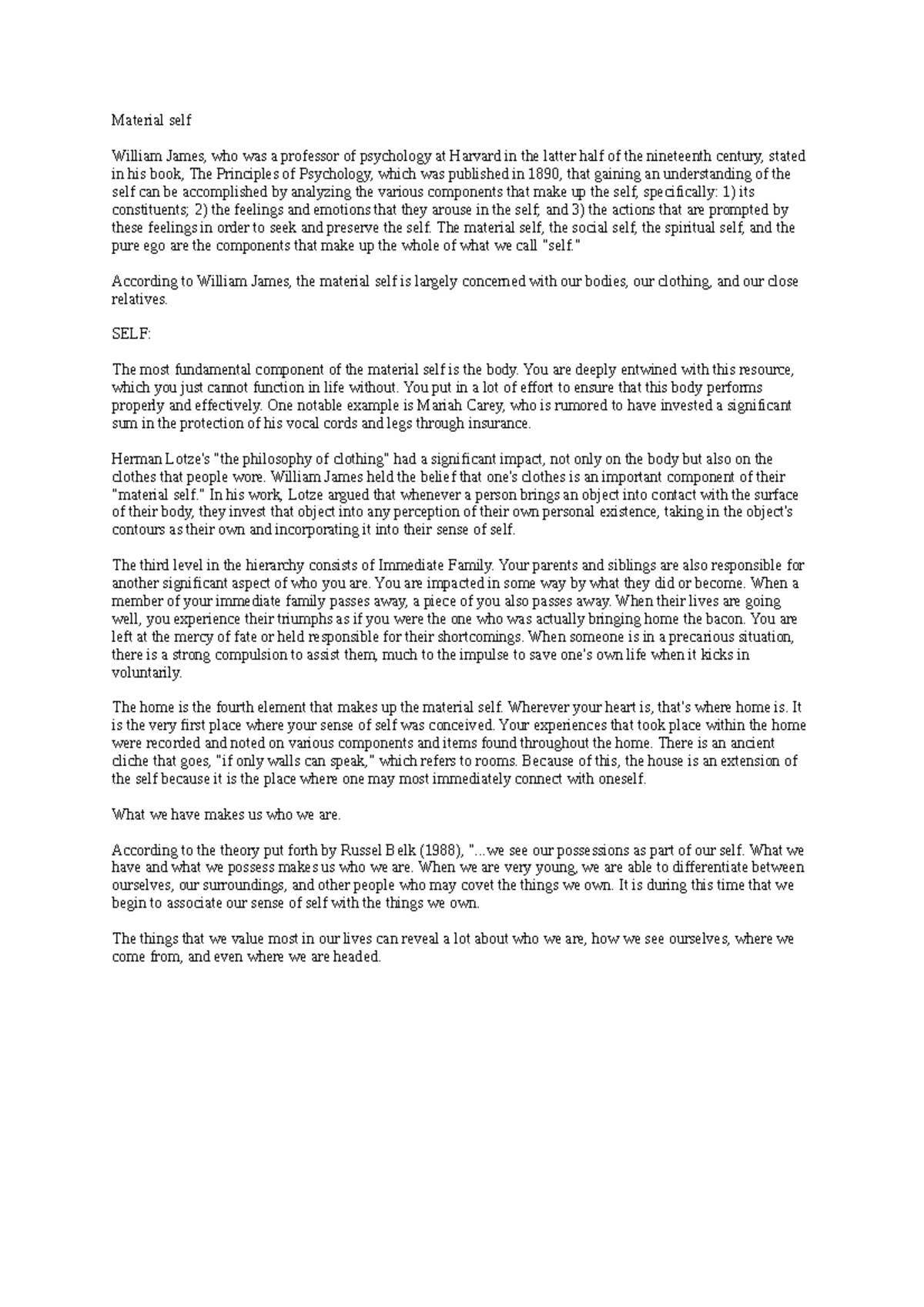 Material Self - Material self William James, who was a professor of ...