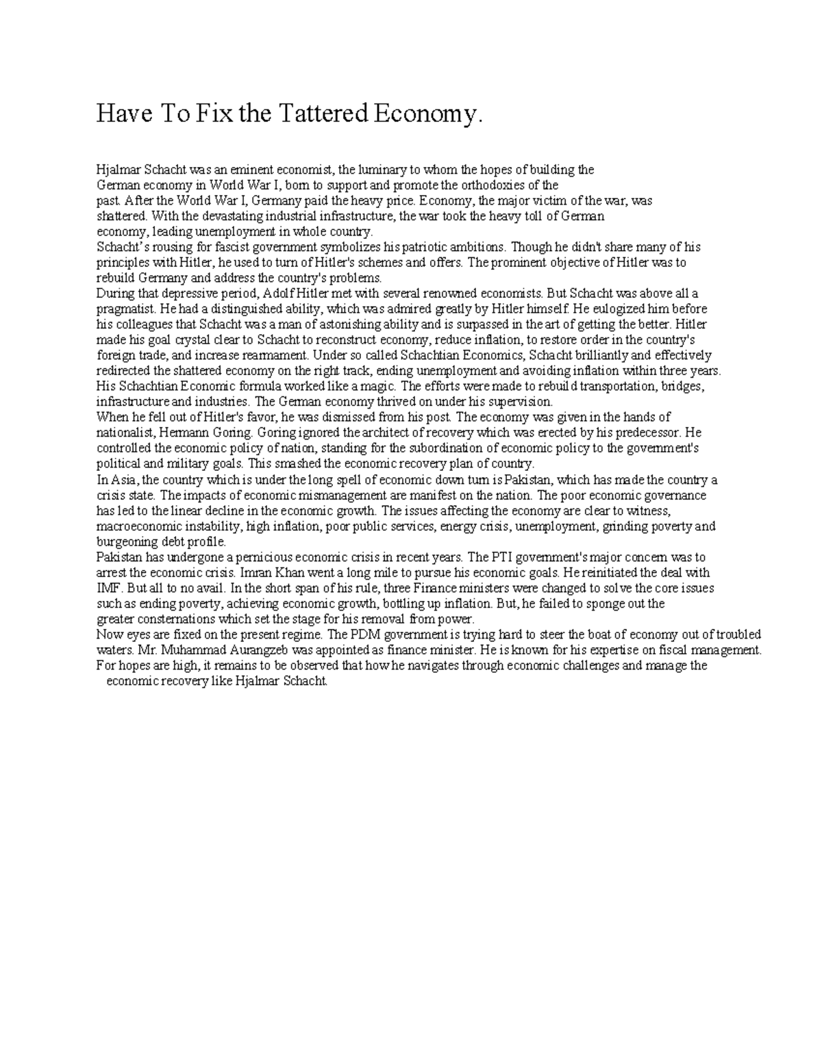 Reviving Economies: Lessons from Hjalmar Schacht & Pakistan's Crisis ...