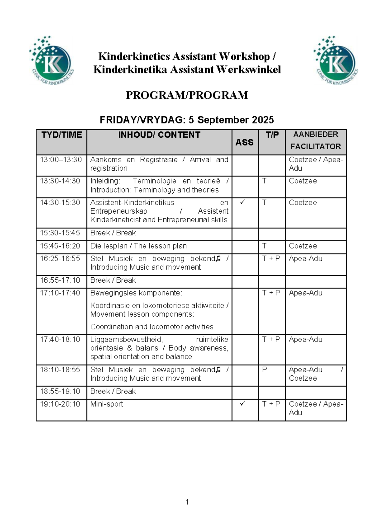KK Workshop Program: Kinderkinetics Assistant 5-6 Sept 2025 - Studocu