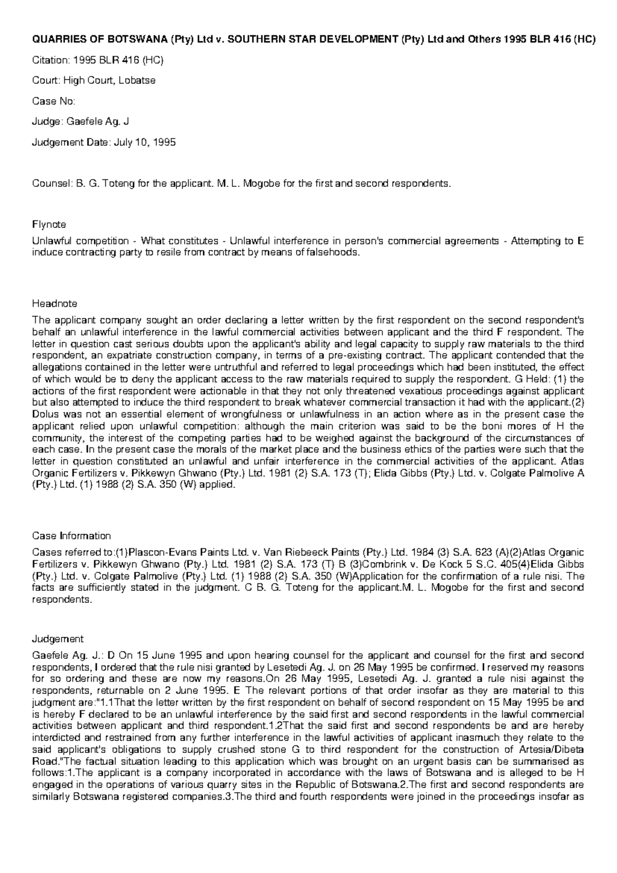 Unlawful Competition and Injurious Falsehood: Quarries of Botswana (Pty ...