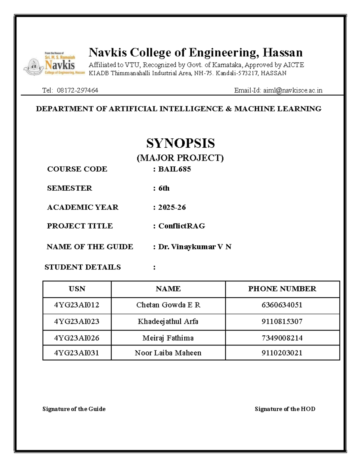 BAIL685 6th Sem Major Project Synopsis: ConflictRAG Framework - Studocu