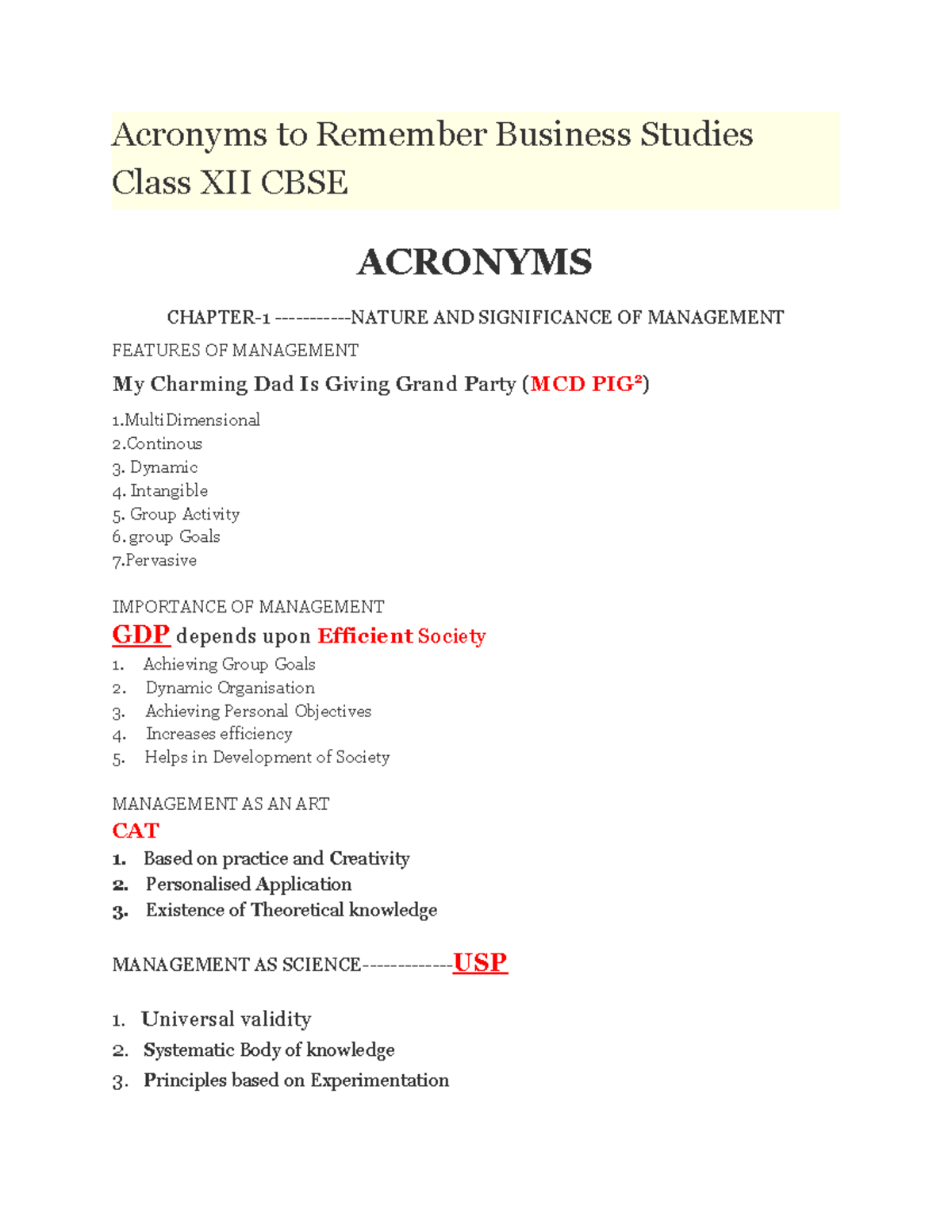 CBSE Class XII Business Studies Acronyms for All Chapters - Studocu