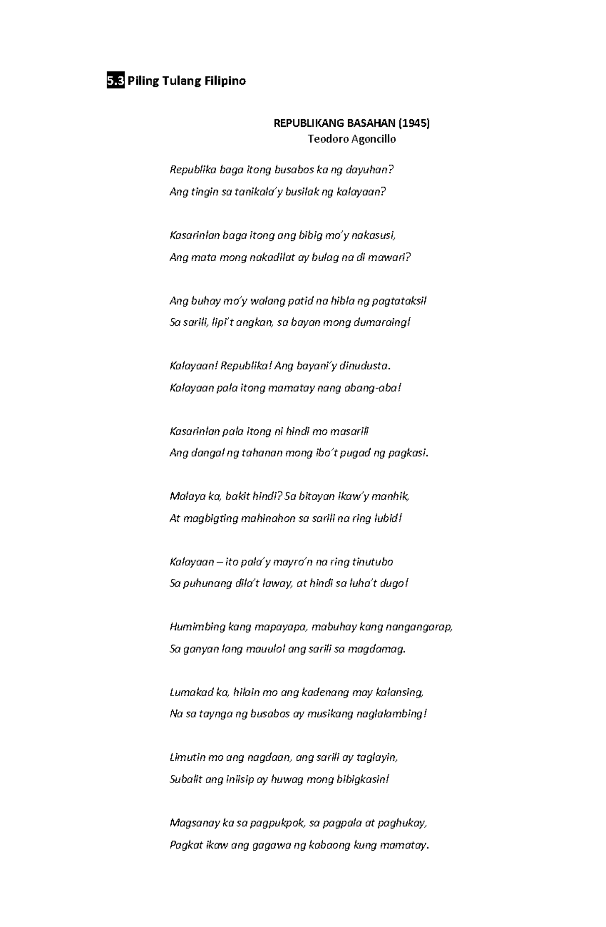 Fil Ed 223 Piling Tula: Rep. Basahan & Trapo ni Agoncillo at Collantes ...