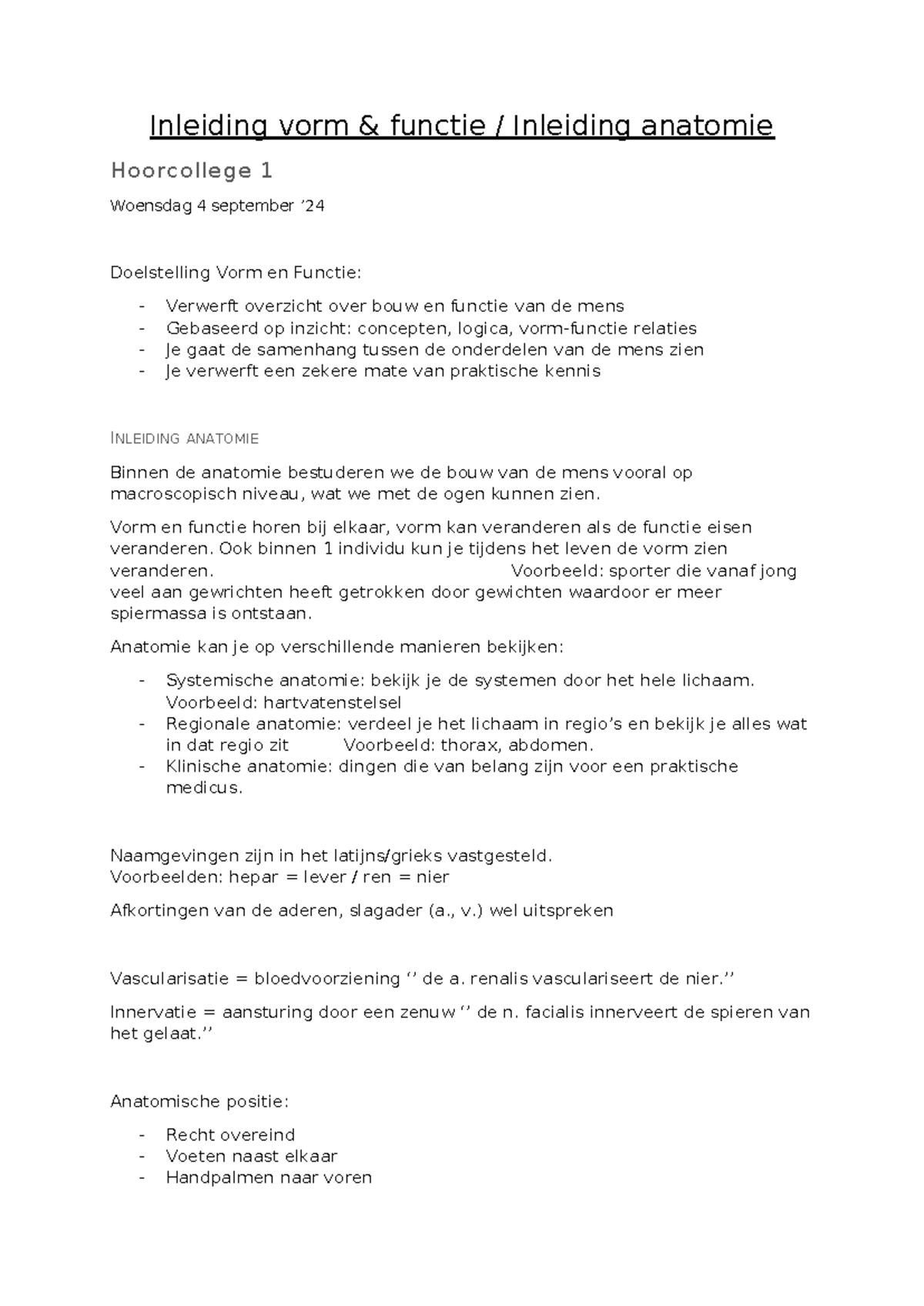 Hoorcollege 1: Vorm en Functie van de Mens in Anatomie - Studeersnel