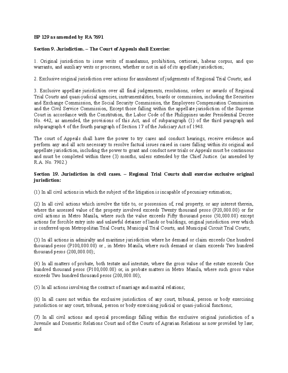 BP 129 Law Summarized: Jurisdiction of Courts and Amendments - Studocu