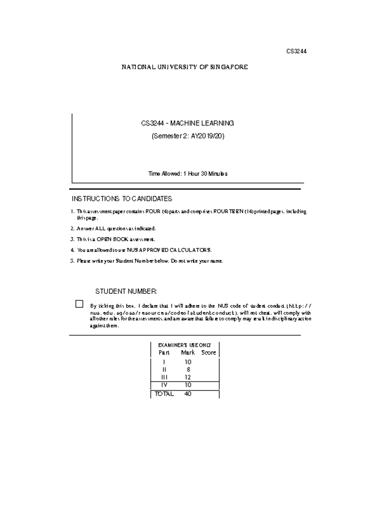 1920SEM2-CS3244 - Final Exam - NATIONAL UNIVERSITY OF SINGAPORE CS3244 - MACHINE LEARNING ...