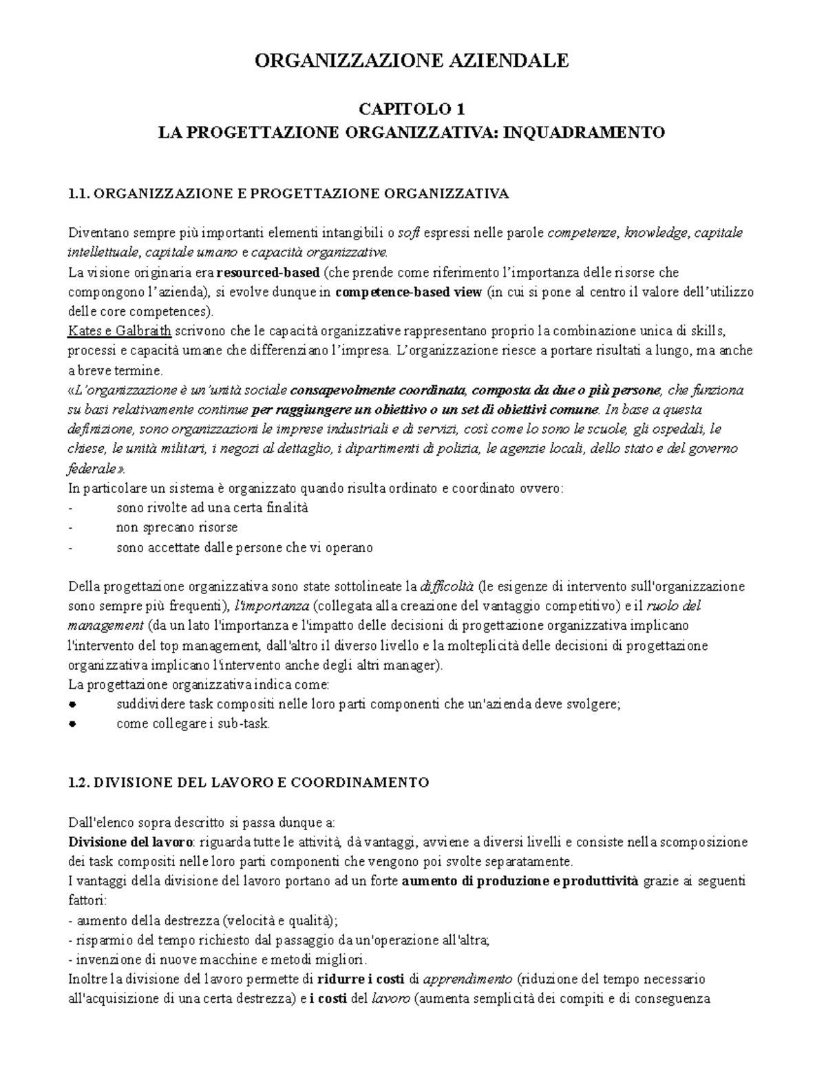 Organizzazione Aziendale - Capitolo 1: Progettazione Organizzativa e ...