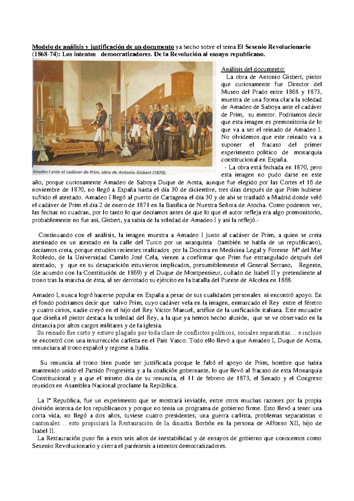 Análisis del cuadro "Amadeo de Saboya ante el cadáver de Prim" - Studocu