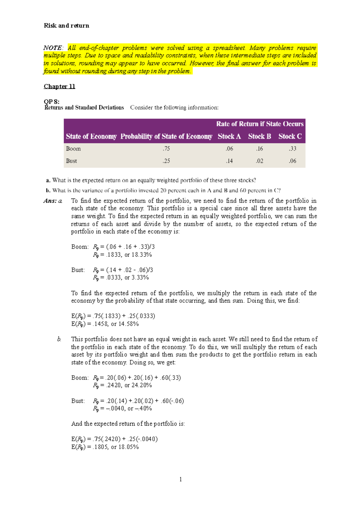 FIN322 S2020 tutorial solutions CAPM and risk return - NOTE: All end-of ...