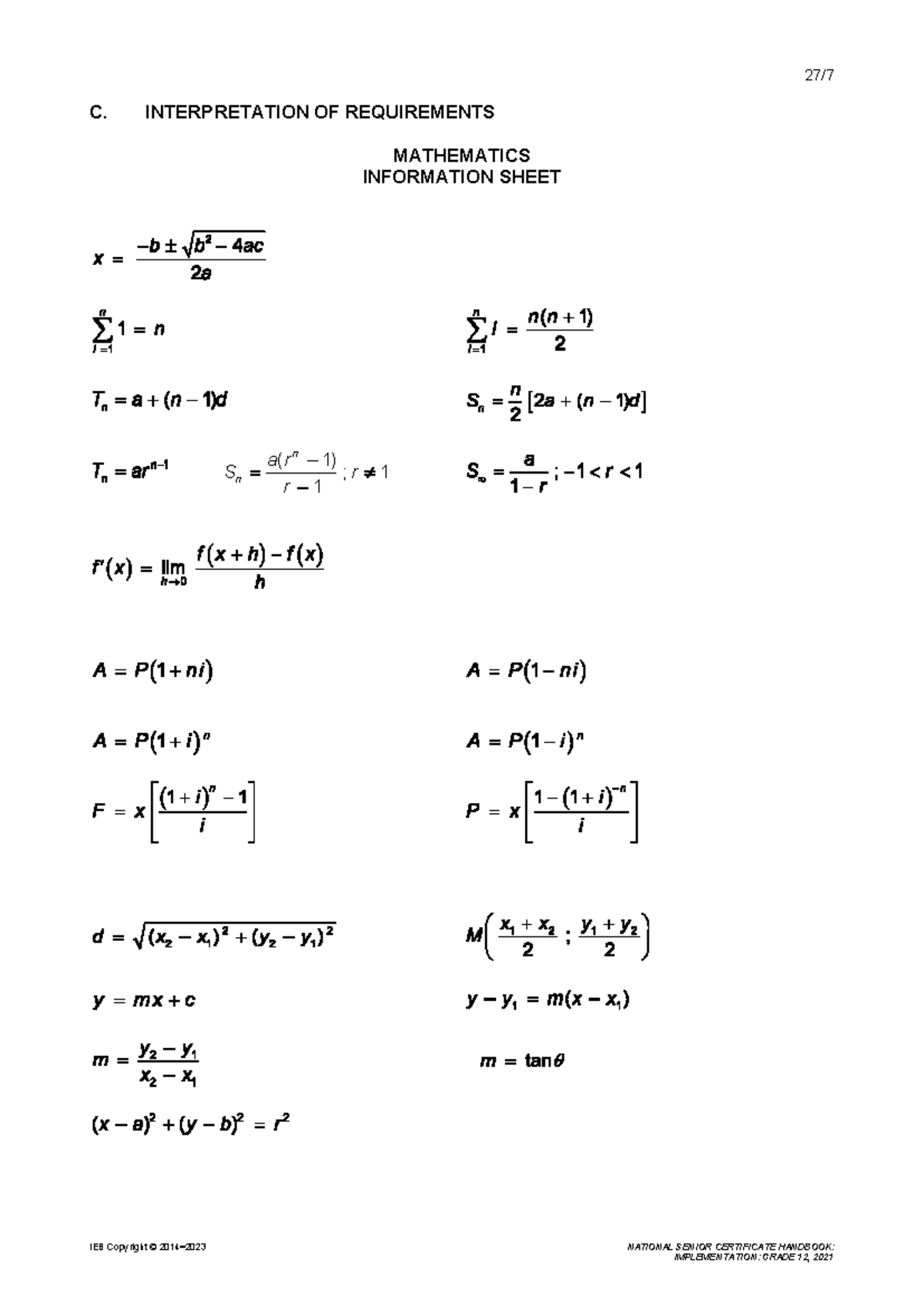 Formula Sheet - Useful for exams - 27/ IEB Copyright © 2014 2023 ...