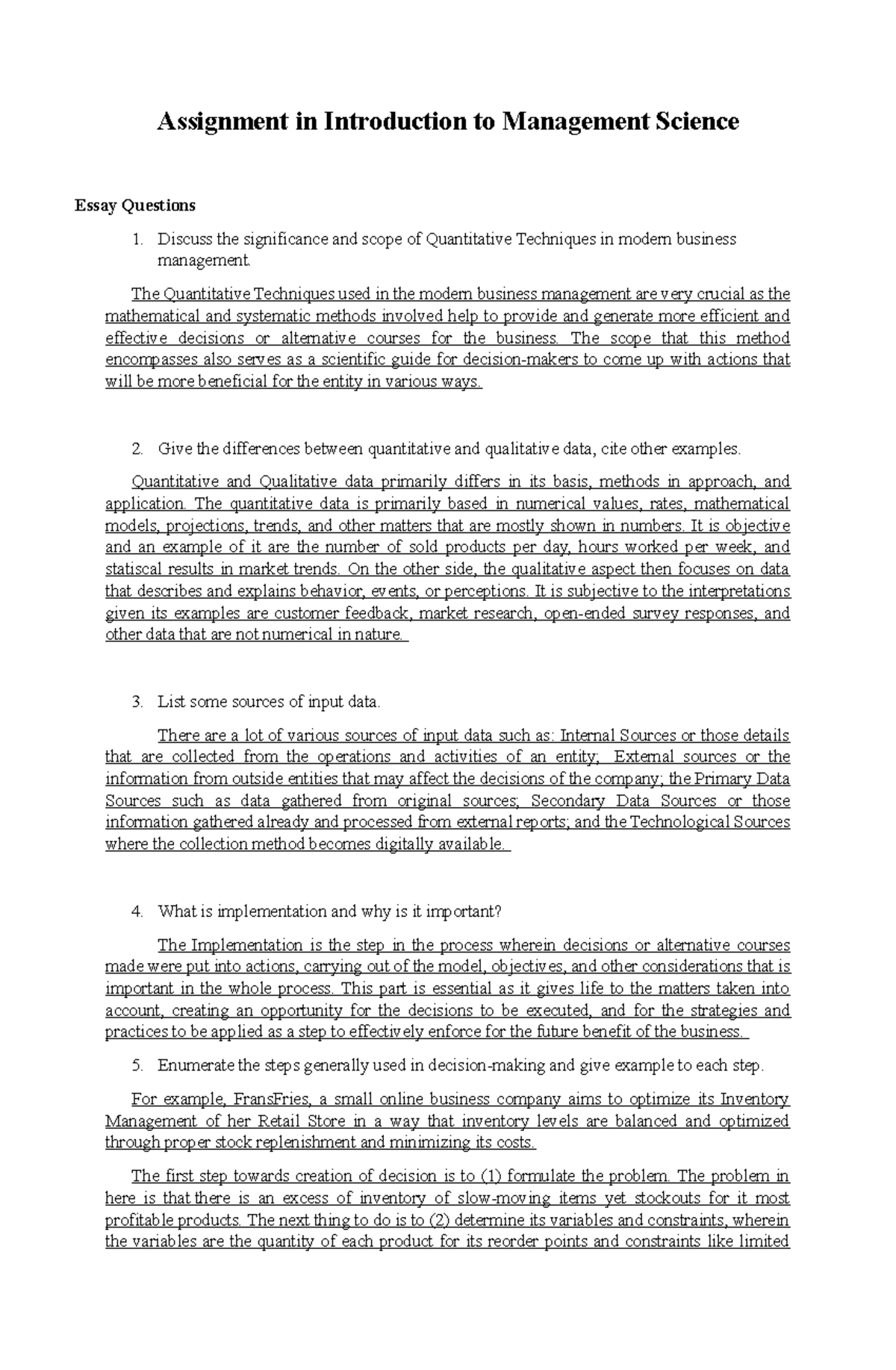 Intro to Management Science - Assignment in Introduction to Management ...