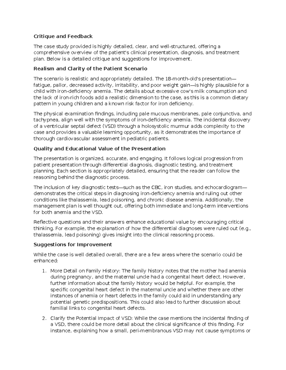 Critique and Feedback: Reverse Case Study on Pediatric Anemia (PAED 101 ...