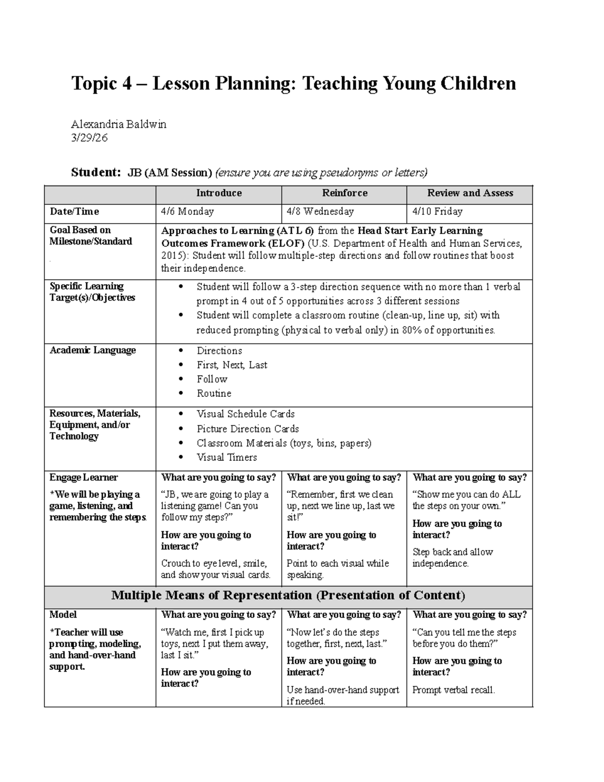 ECE 470 Topic 4: Lesson Planning for Young Children - Studocu