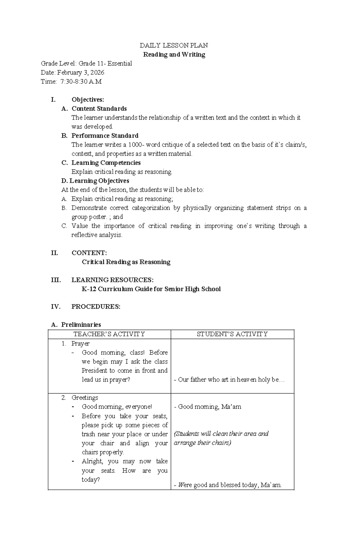 DAILY LESSON PLAN: Critical Reading as Reasoning (Grade 12) - Studocu