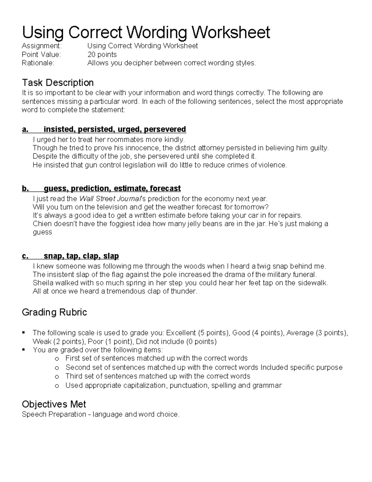 Using Correct Wording Worksheet - Task Description It is so important ...