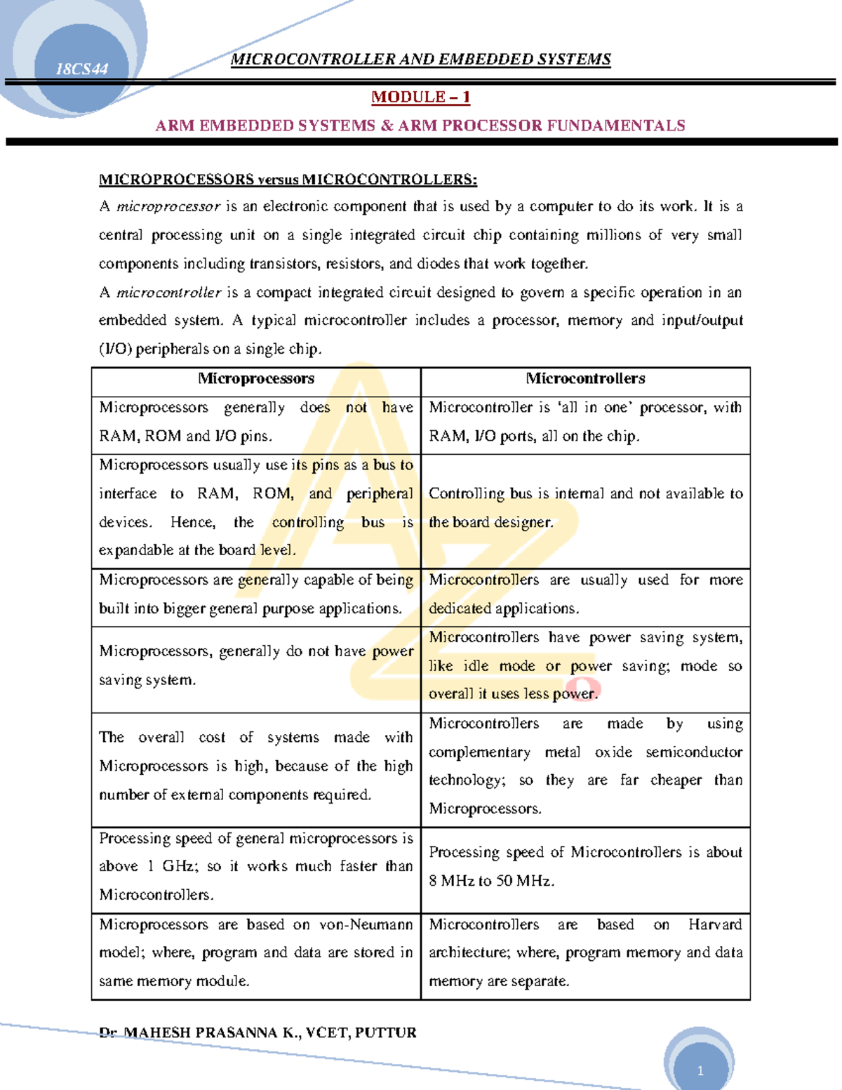 MICROCONTROLLER AND EMBEDDED SYSTEMS 18CS44 MODULE 1: ARM PROCESSOR FUNDAMENTALS - Studocu