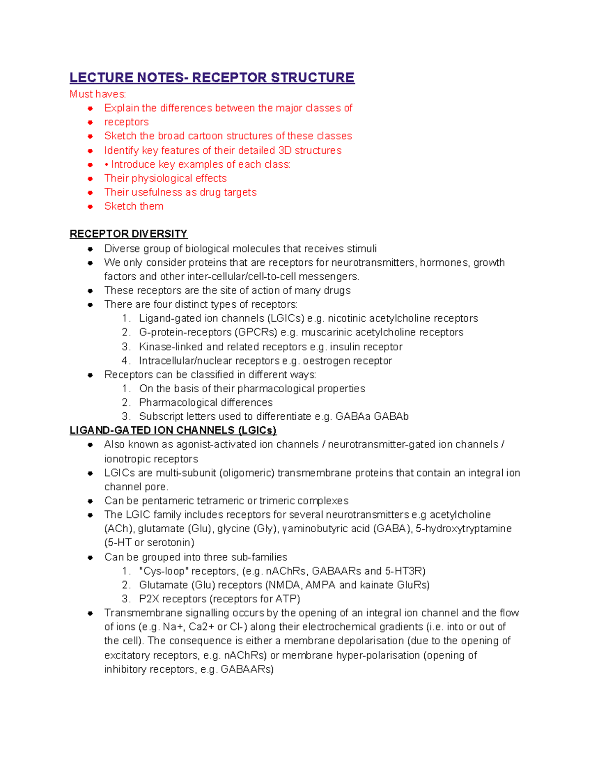 LECTURE RECEPTOR STRUCTURE NOTES: Classes, Features & Examples - Studocu