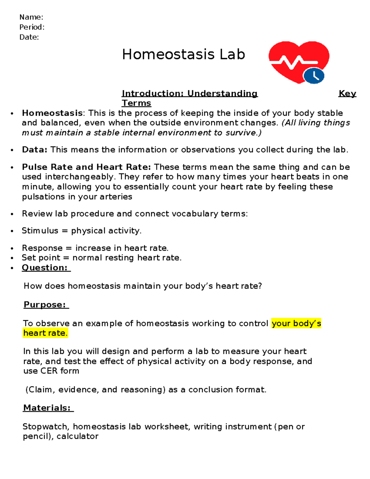 Homeostasis Lab Assignment - Understanding Heart Rate Dynamics - Studocu