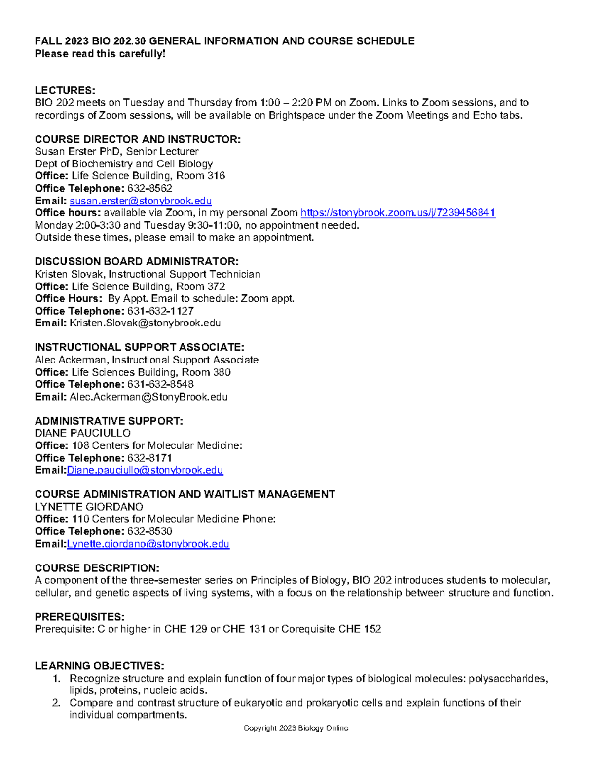 FALL 2023 BIO 202 Syllabus - FALL 2023 BIO 202 GENERAL INFORMATION AND COURSE SCHEDULE Please ...
