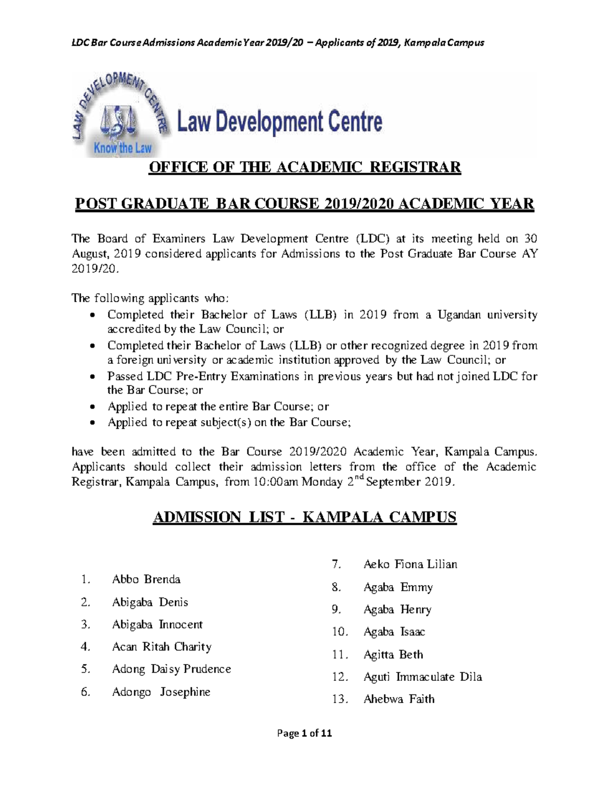 LDC Bar Course Admissions List AY 2019/20 - Kampala Campus - Studocu