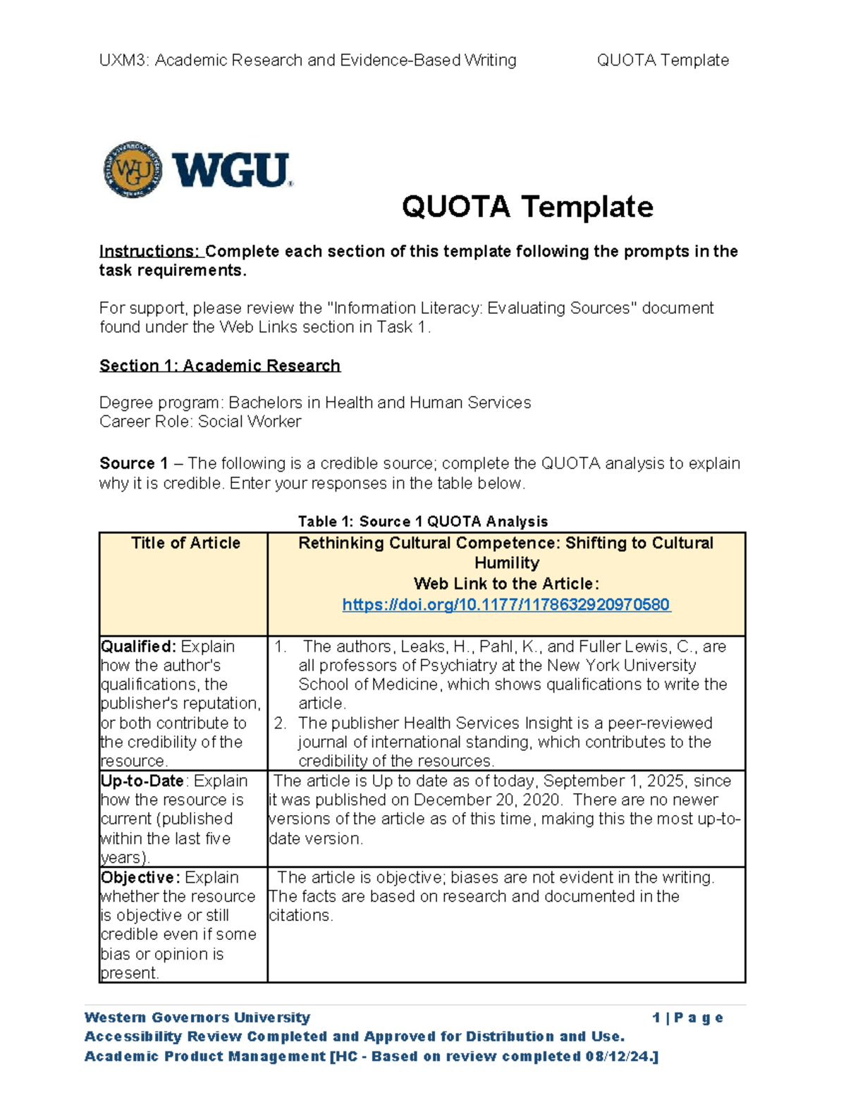 UXM3: QUOTA Template for Academic Research in Social Work - Studocu