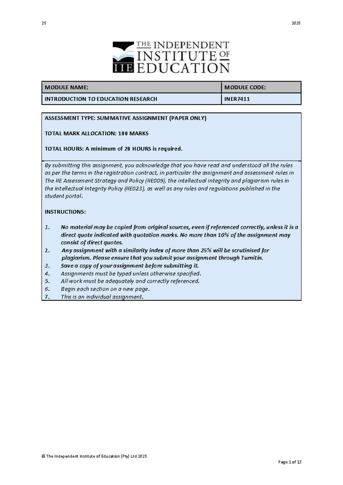 INER7411 Summative Assignment: Introduction to Education Research 2025 ...