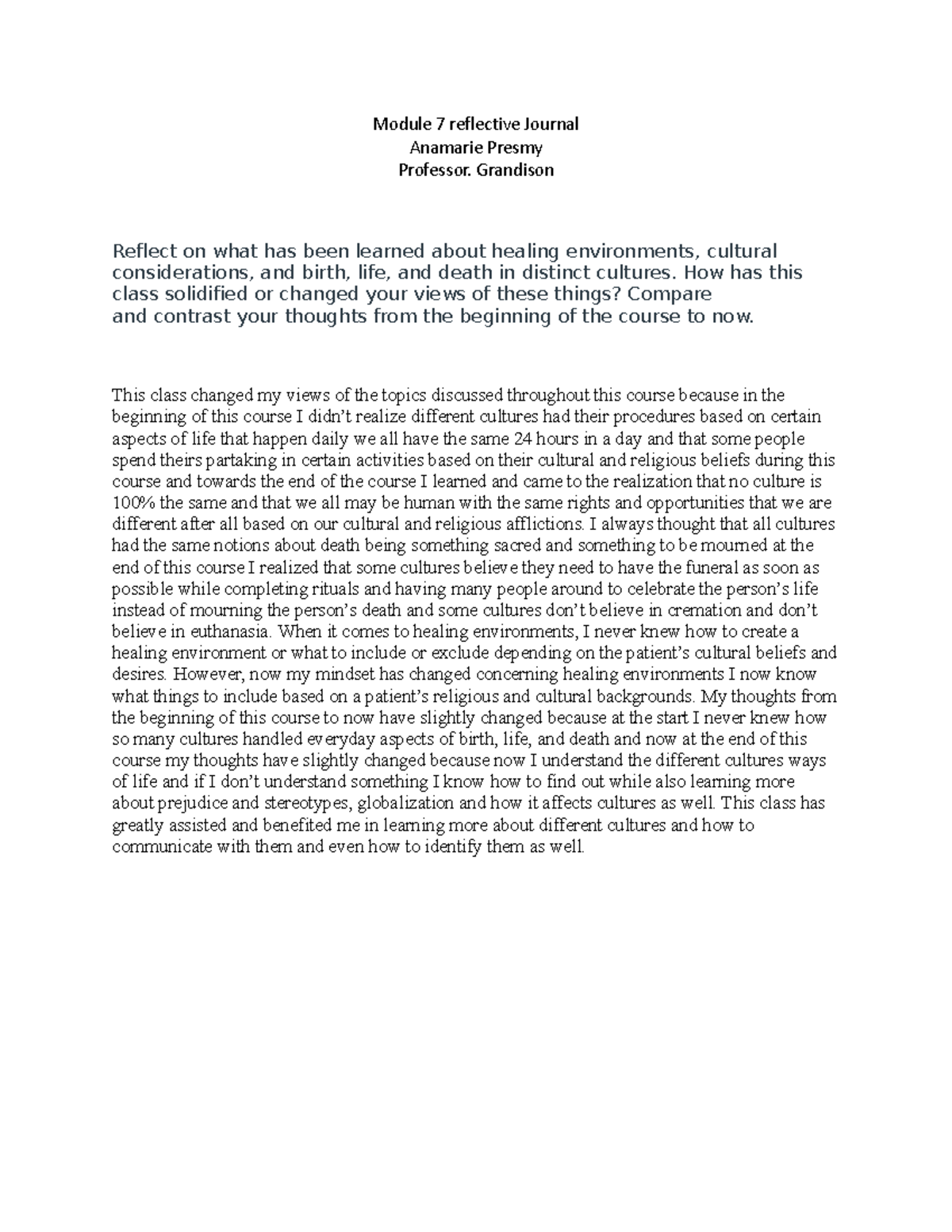 Module 7 Reflective Journal: Insights on Healing & Cultural Practices ...