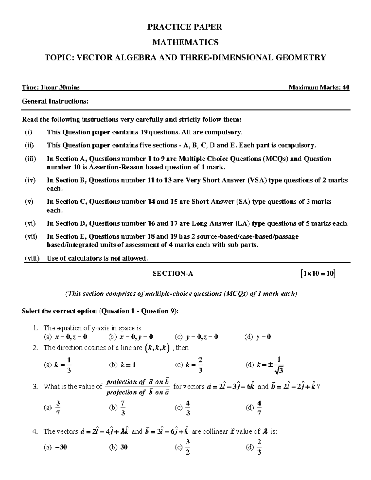Practice Paper XII-1: Vector Algebra & Geometry Exam - Studocu