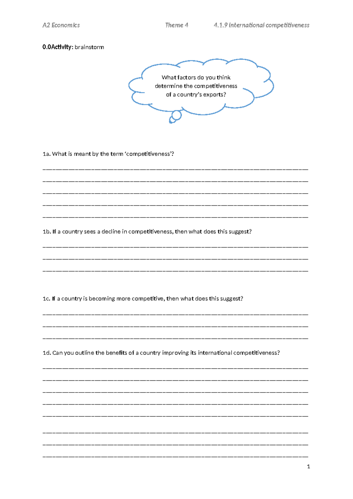 A2 Economics Theme 4: International Competitiveness Lesson Handout ...