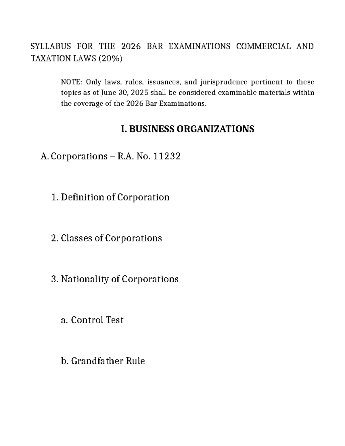 SYLLABUS FOR 2026 BAR EXAM: COMMERCIAL & TAXATION LAWS - Studocu