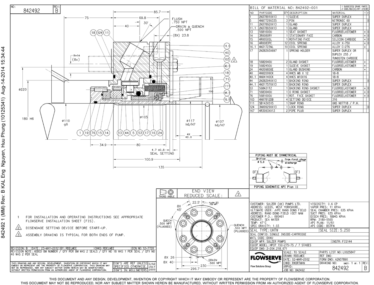 Mechanical Seal Drawing & BOM (Rev B) - Sulzer Pump Model HPCP 150-275 ...