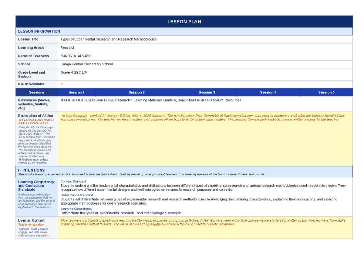 Research 1 Grade 4 SSC LIM: Types of Experimental Research Lesson Plan ...
