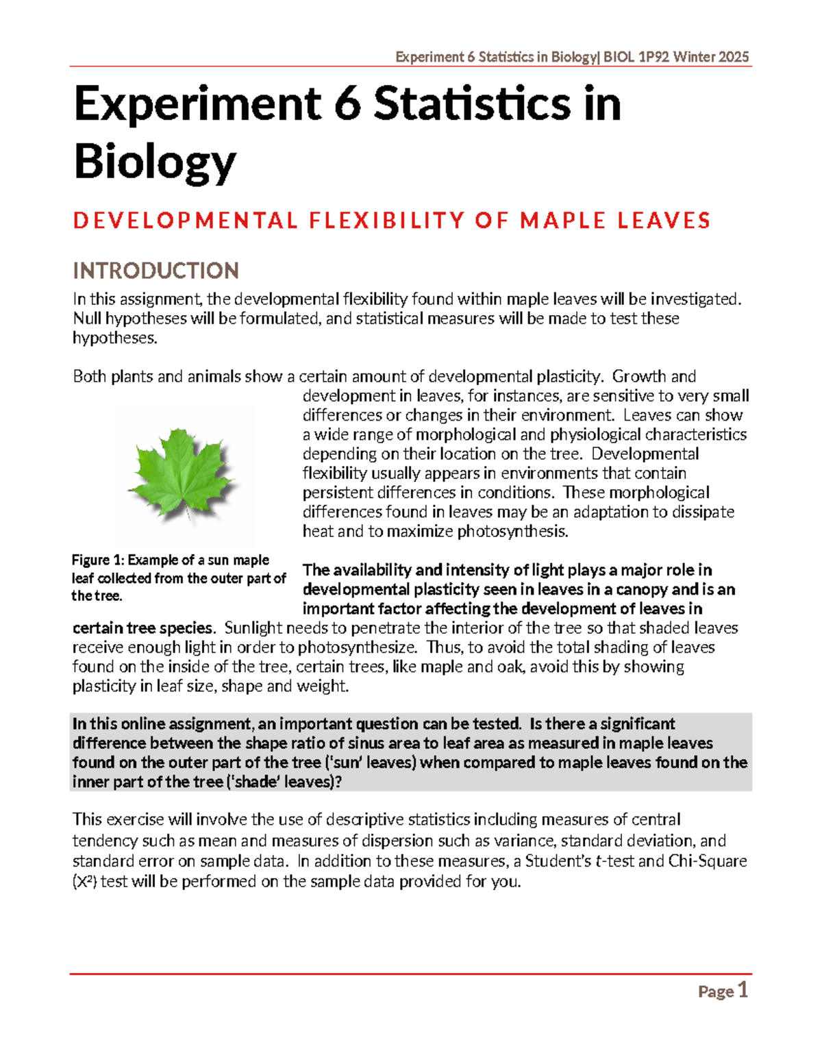 BIOL 1P92 Experiment 6 Assignment Instructions Winter 2025 - Experiment 6 Statistics in Biology ...