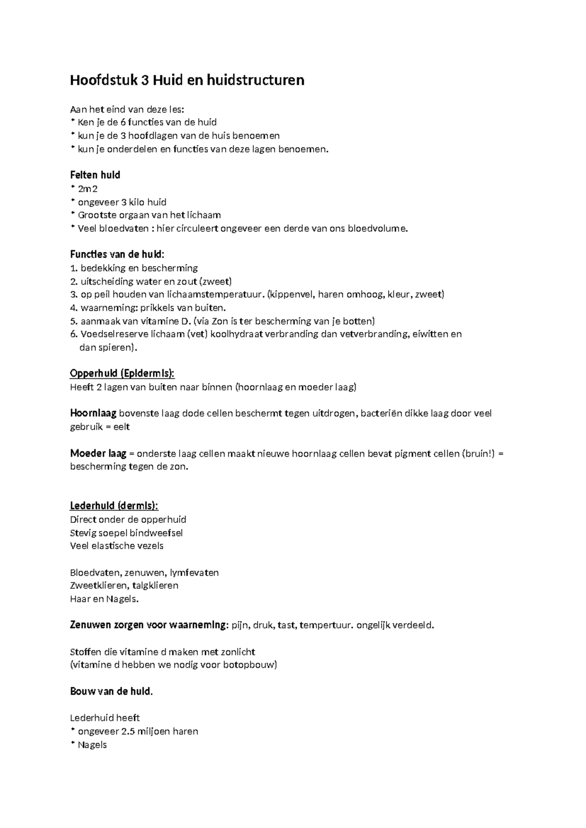 Hoofdstuk 3: Functies en Structuren van de Huid - Studeersnel