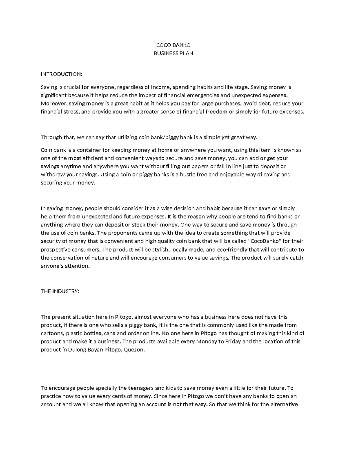 ENTREP 101: COCO BANKO Business Plan Overview and Market Strategy - Studocu