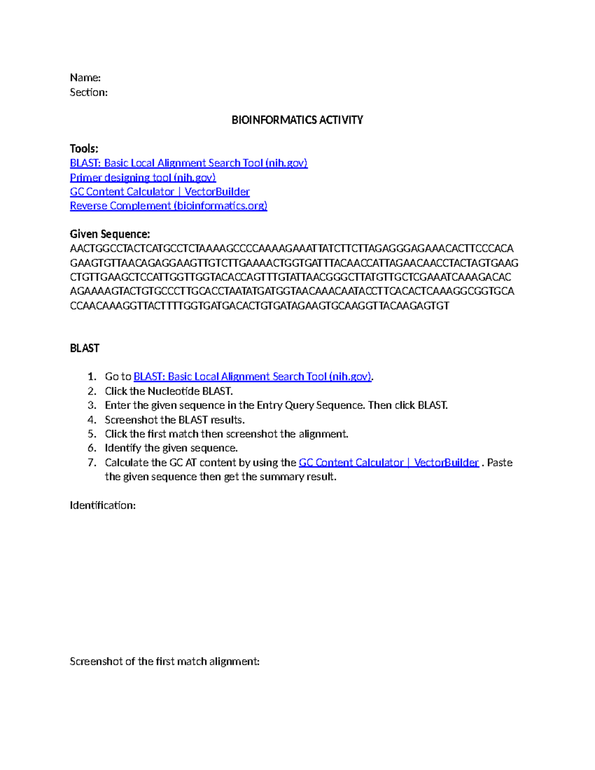 BIO 101: Bioinformatics Activity - BLAST & Primer Design Guide - Studocu