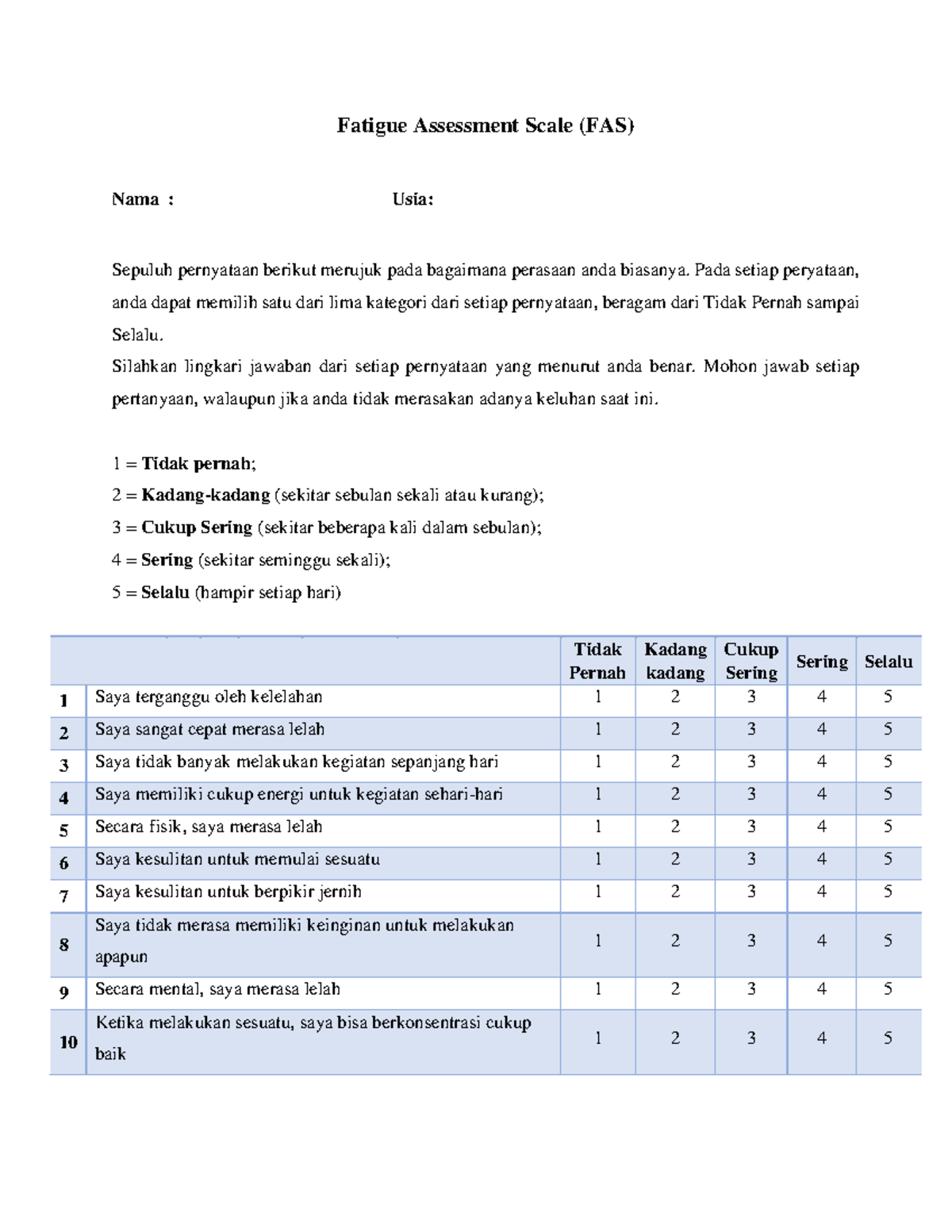 Fatigue Assessment Scale (FAS) - Questionnaire and Scoring Guide - Studocu