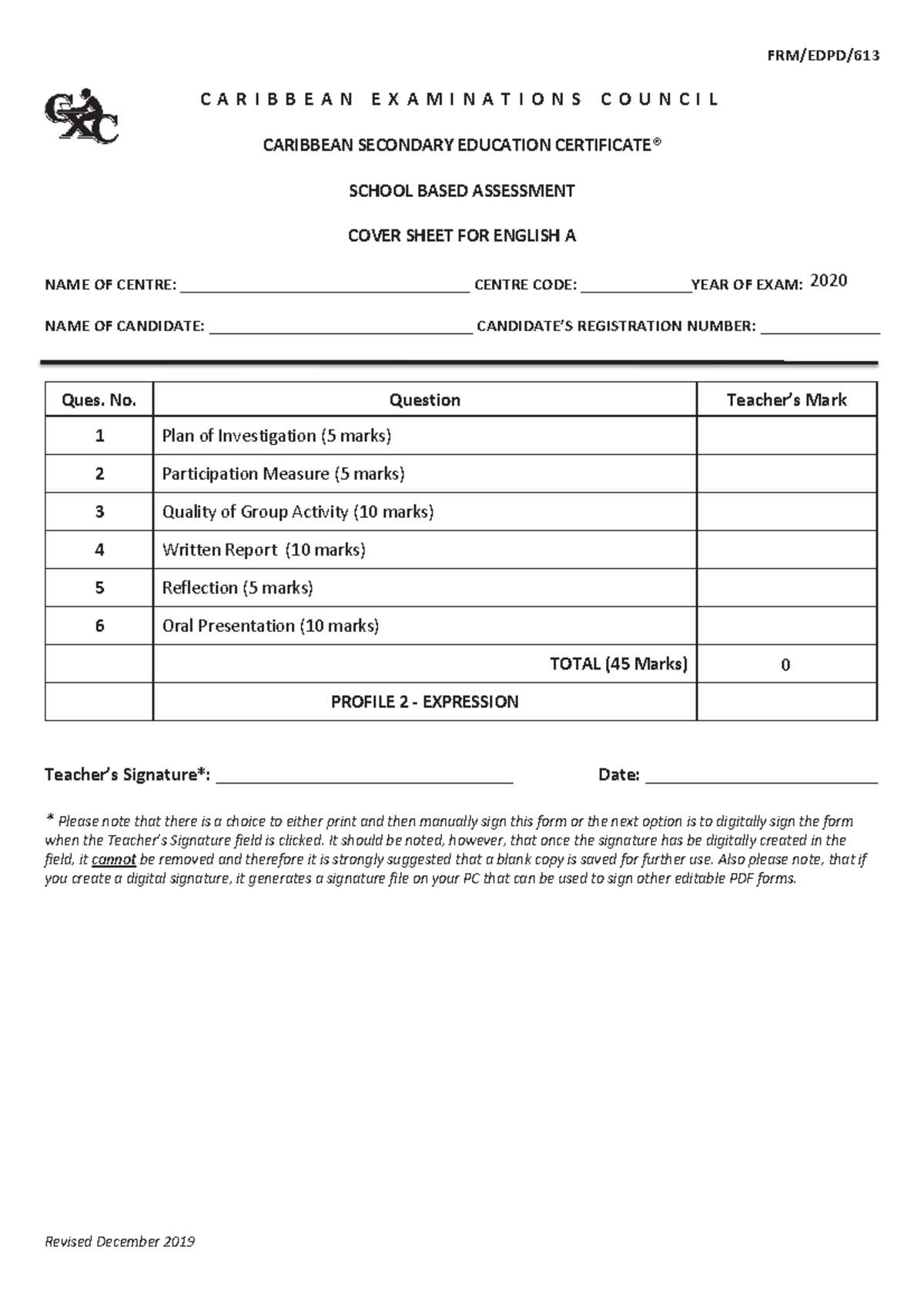 CSEC Eng A School Based Assessment Cover Sheet Dec 2019 - Studocu