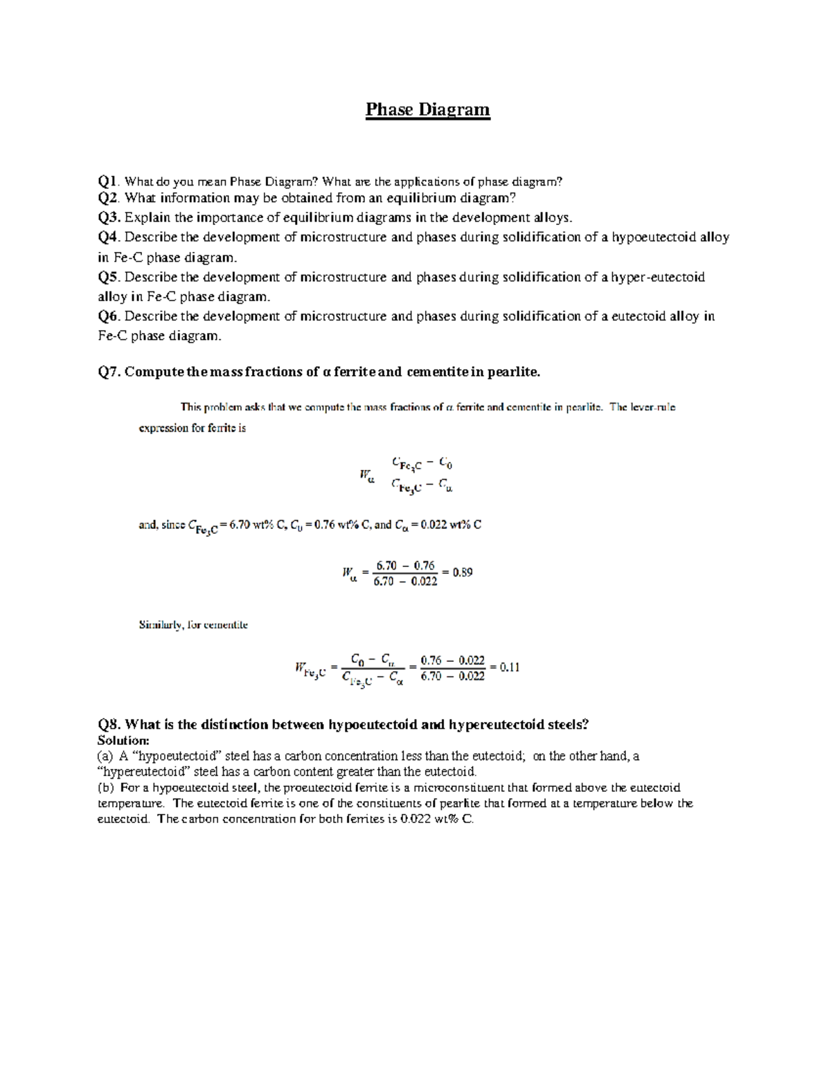 Phase Diagram Sample Q&A for Fe-C Alloys: Study Guide - Studocu