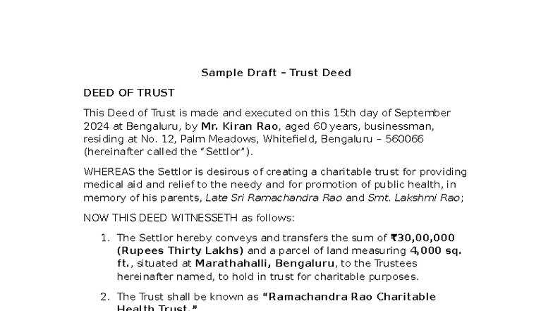 Sample Draft Trust Deed for Rao Charitable Health - Studocu