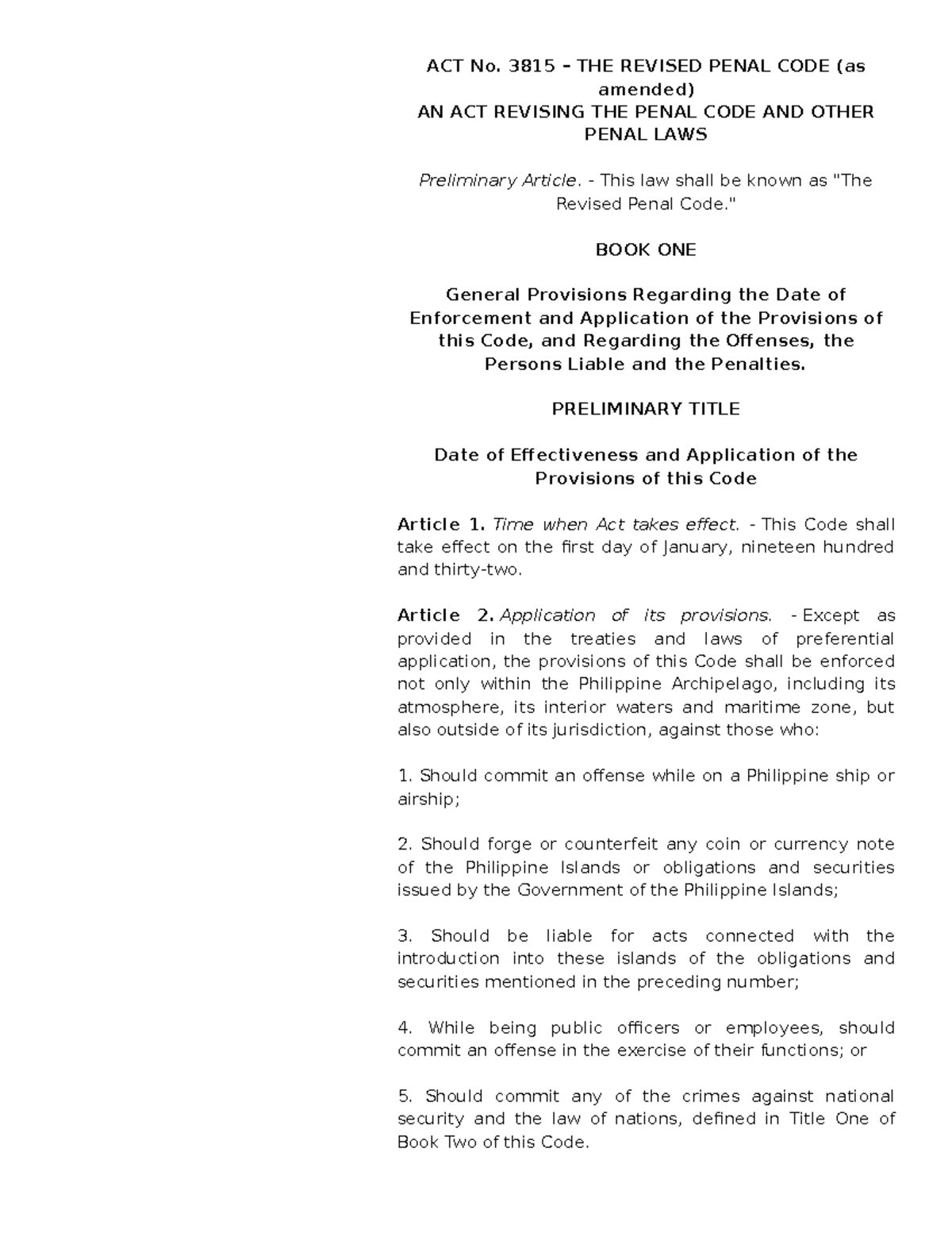ACT 3815: Revised Penal Code Overview and Key Provisions - Studocu