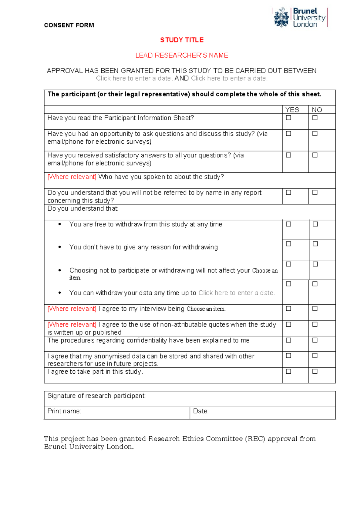 Standard Consent Form Template for Low Risk Projects 2025 - Studocu