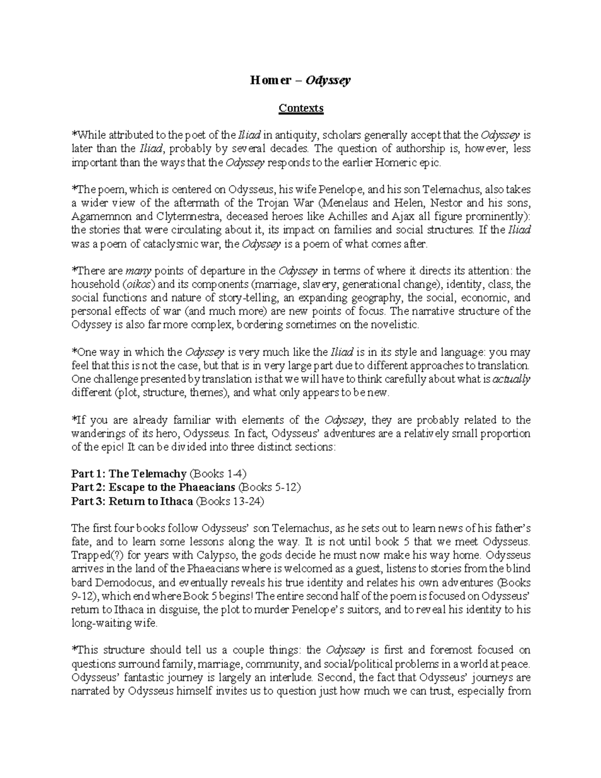 Odyssey Handout - Contexts and Themes in Homer’s Epic (ENG 101) - Studocu