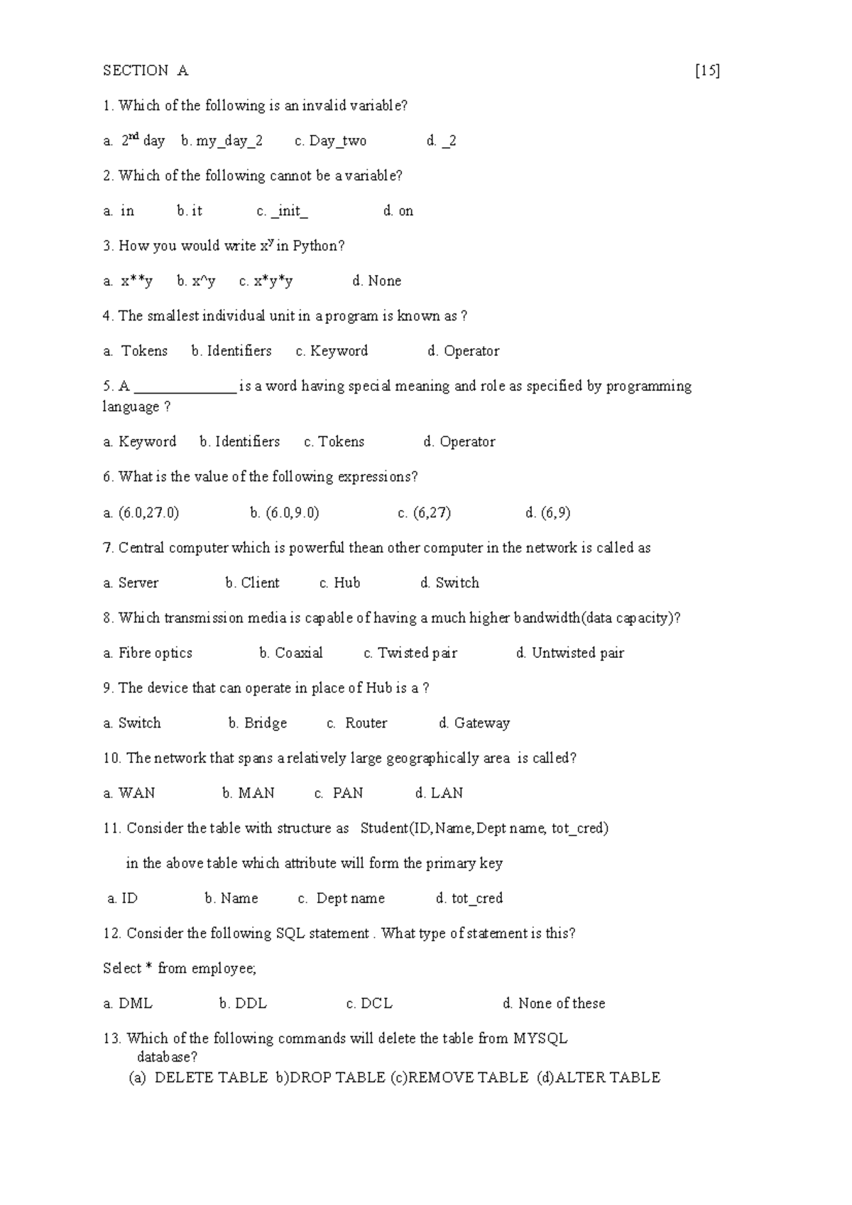 XII SET A - CS Practice Questions and Answers - Studocu