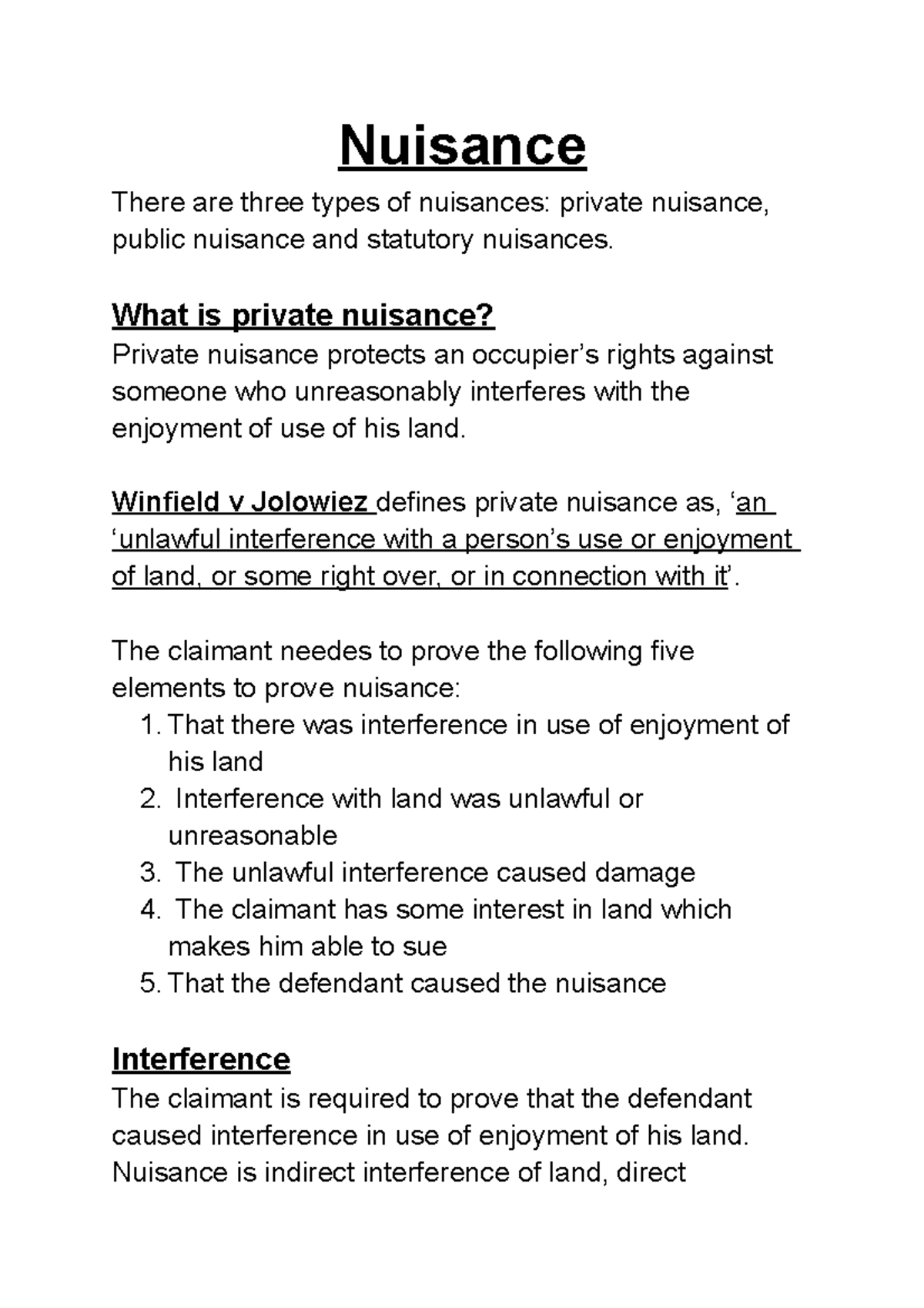 Nuisance Law - Comprehensive Notes for Legal Studies (LAW101) - Studocu